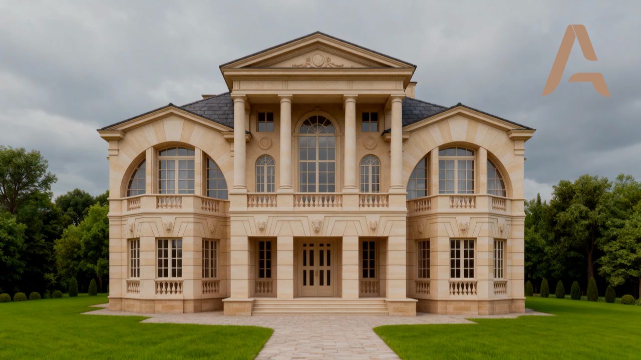 Роскошный особняк с продуманной планировкой. Проект особняка с балконами, кабинетом и вторым светом