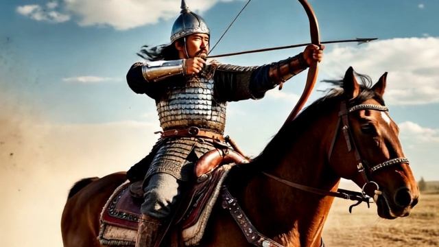 Татаро-монгольский всадник в доспехах блестящих как чешуя стреляет из лука
