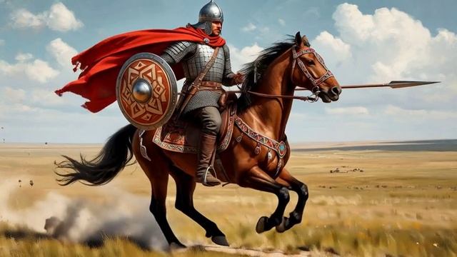 Половецкий всадник несется по степи в полном вооружении