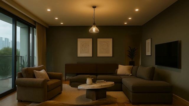 Интерьер гостиной. Необычный теплый стиль