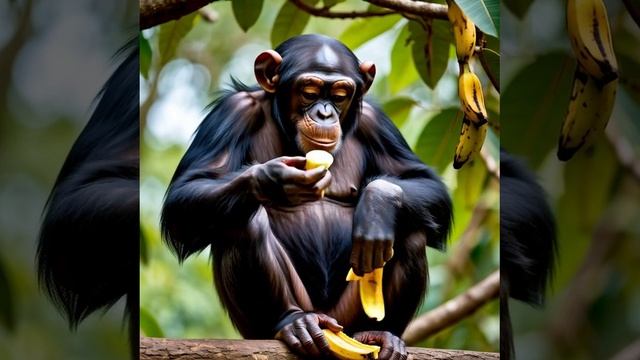 Шимпанзе ест банан