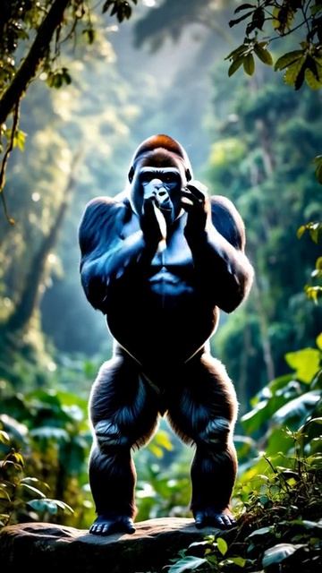 Горилла поднимает руки соединяет мощные ладони и хлопает в ладоши