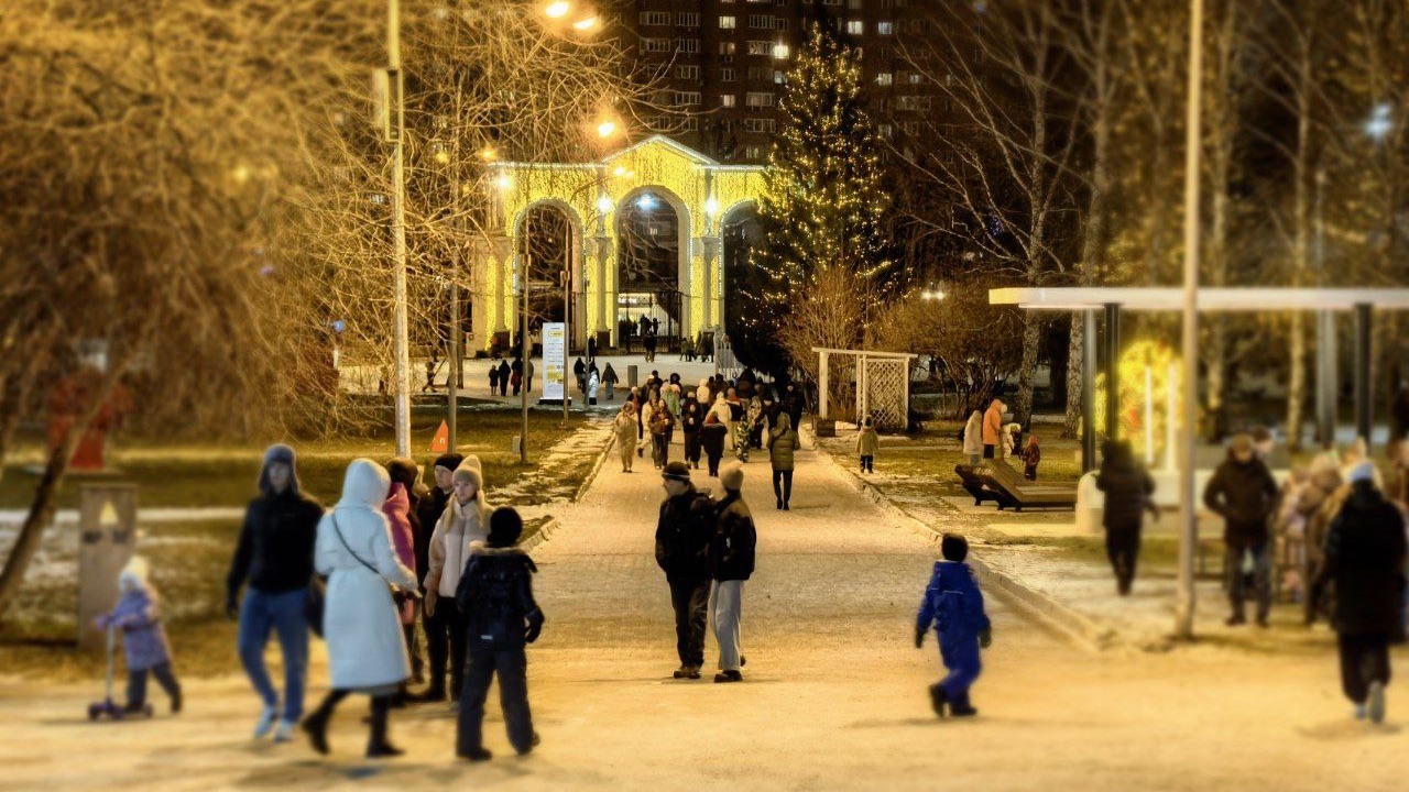 Снял, как зажгли новогоднюю елку 2026 и атмосферу вечернего парка Маяковского