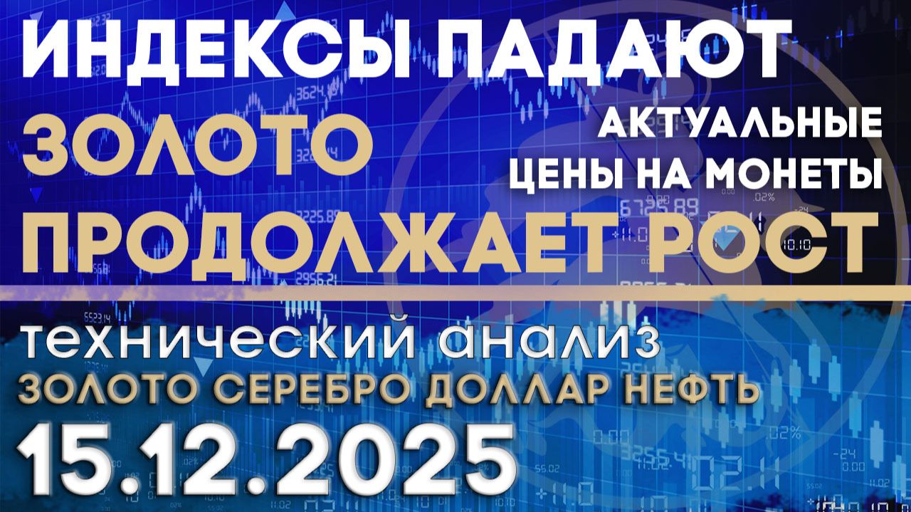 Индексы падают, золото продолжает рост. Анализ рынка золота, серебра, нефти, доллара 15.12.2025 г