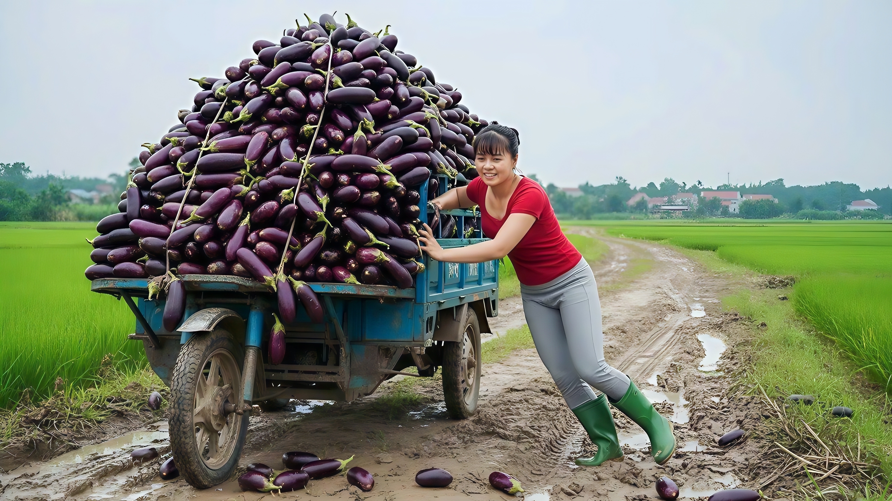 Собрала почти тонну баклажанов и везу на грузовике для продажи на загородный рынок. Фуонг. Вьетнам