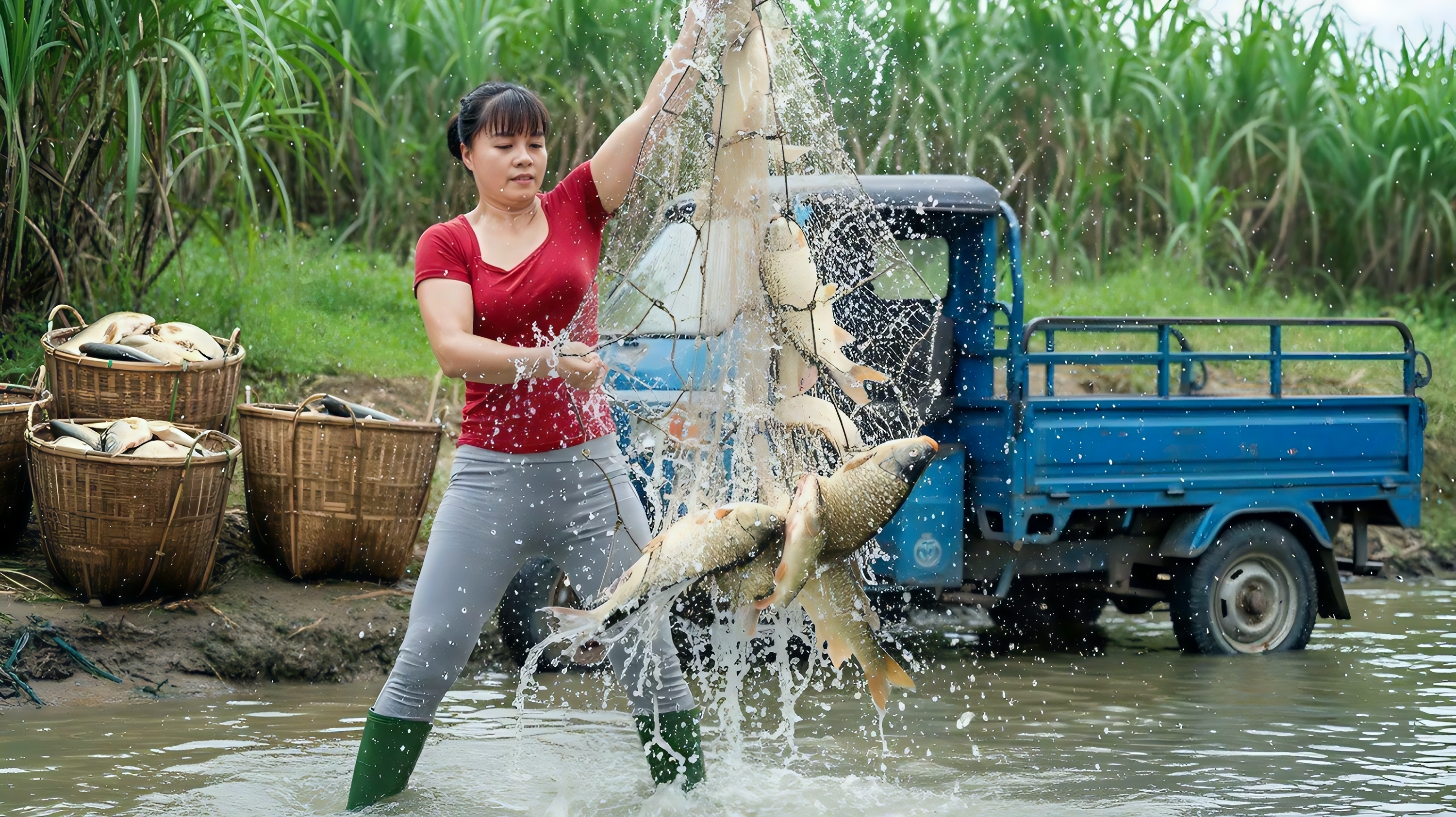 Ловим много крупных рыб в озере и везем полный грузовик для продажи на рынок. Фуонг. Вьетнам