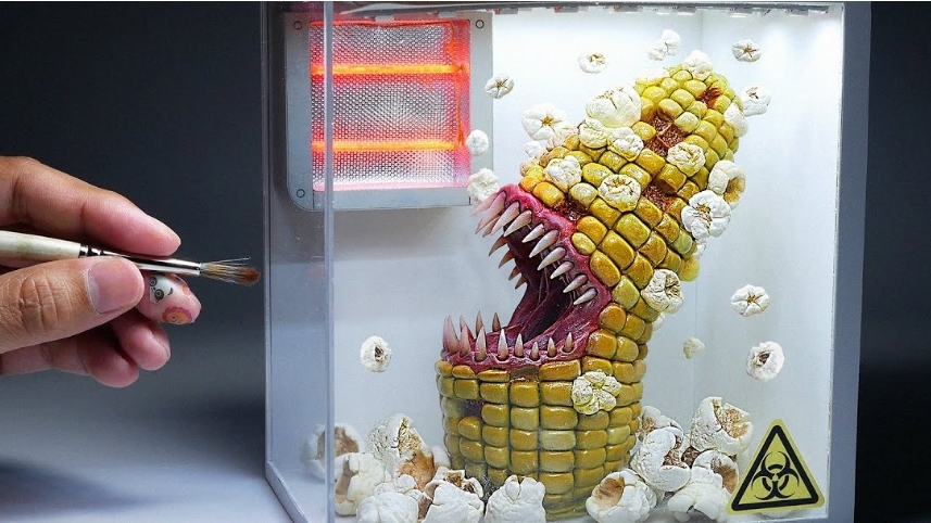 Кукуруза-монстр превращается в попкорн. Как сделать необычную диораму из полимерной глины.