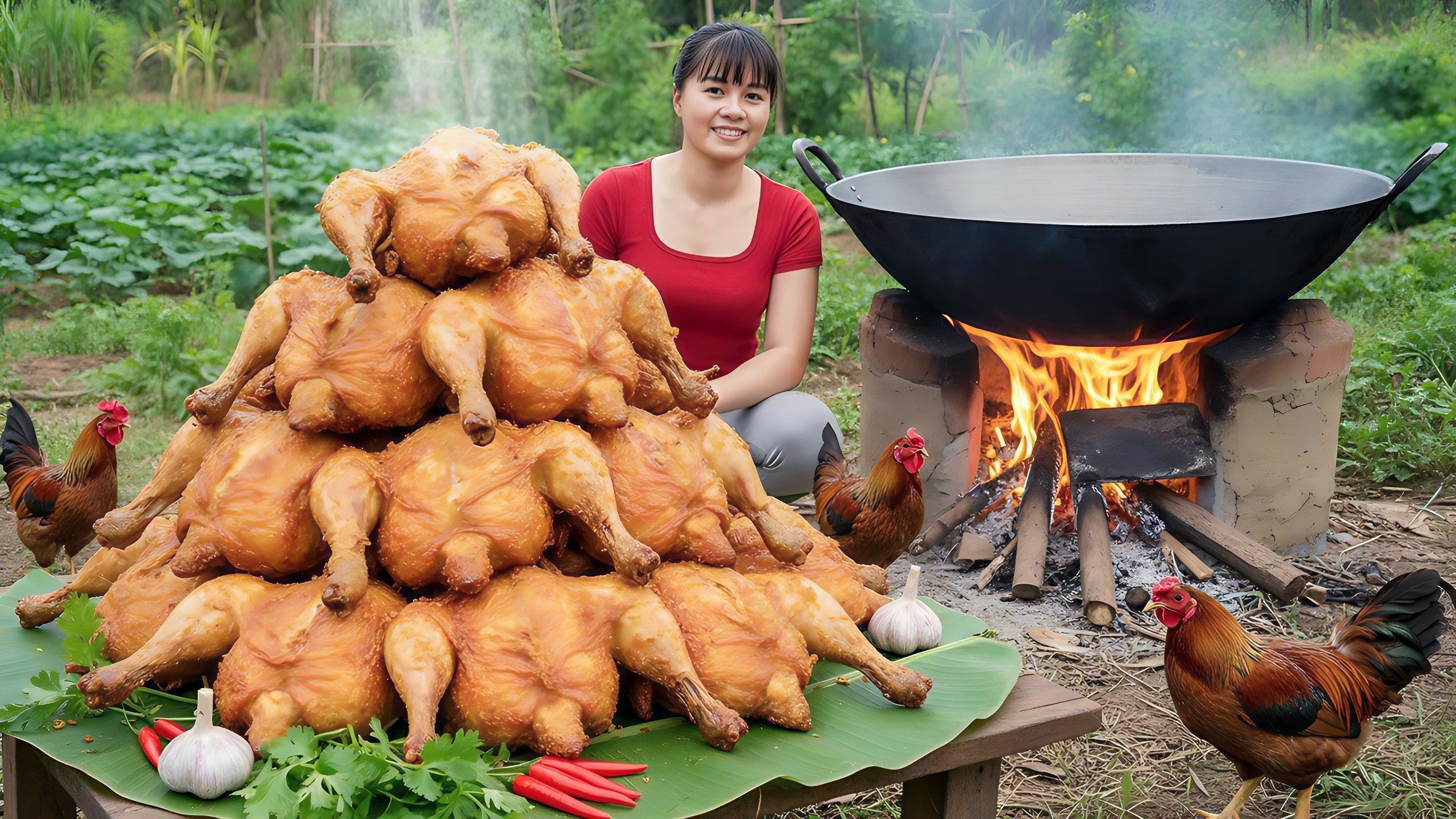Заготовка цыплят и приготовление жареной курицы целиком. Продажа клубней и грибов на рынке. Фуонг