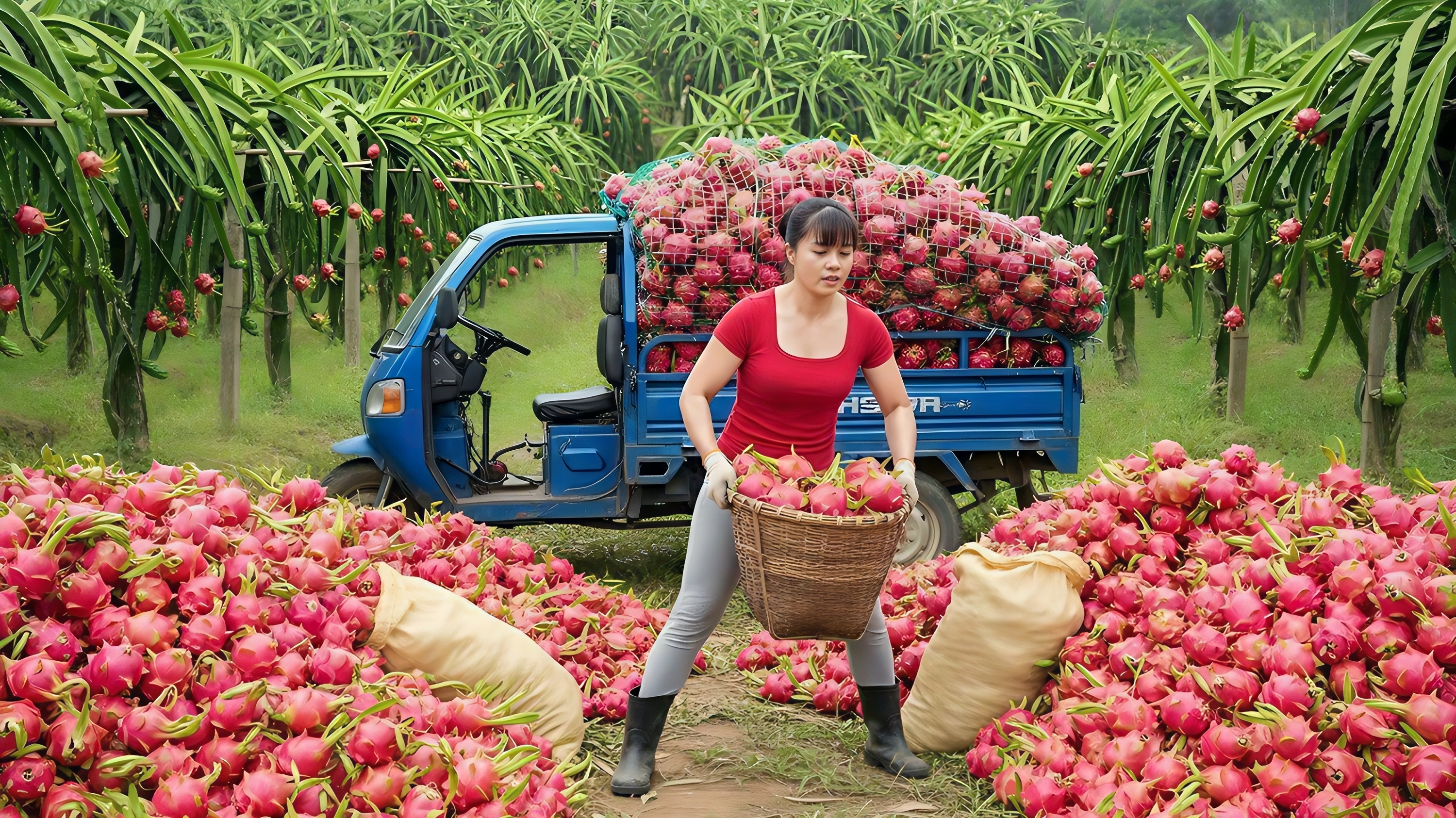 Собираю драконий фрукт и везу на трехколесном грузовике на сельский рынок продавать. Фуонг. Вьетнам