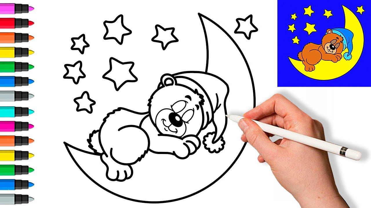 Мишка и Луна  Рисунок и раскраска. Детские мультики