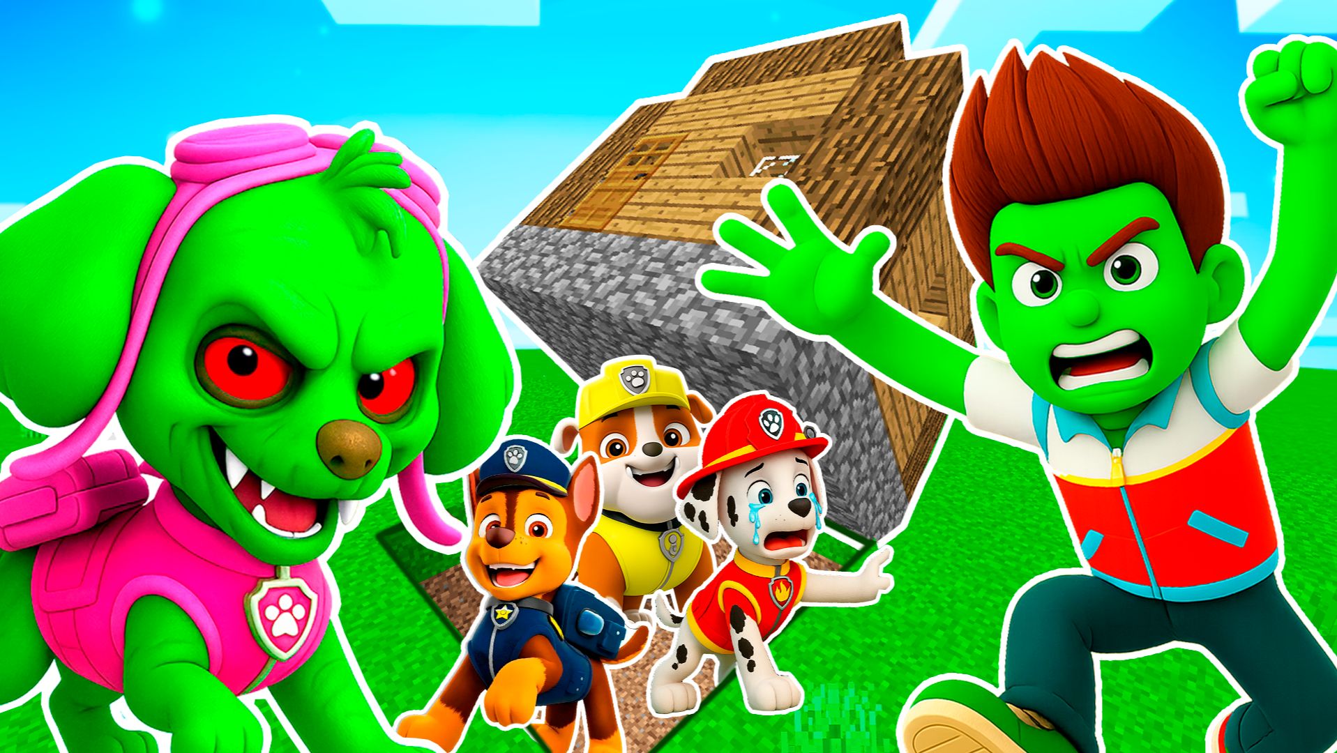 ЩЕНЯЧИЙ ПАТРУЛЬ ПРЯЧЕТСЯ ПОД ДОМОМ от СКАЙ и РАЙДЕРА ЗОМБИ в МАЙНКРАФТ