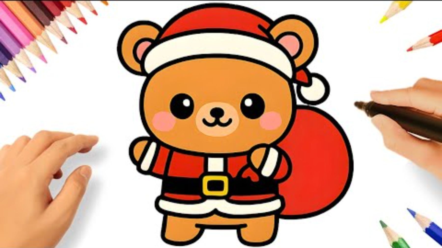 Как легко и пошагово нарисовать НОВОГОДНЕГО Милого Медвежонка Санта-Клауса 🧸🎄🎅