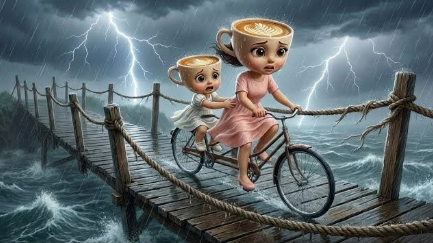 Балерина Капучино с ребенком возвращаются домой в грозу.