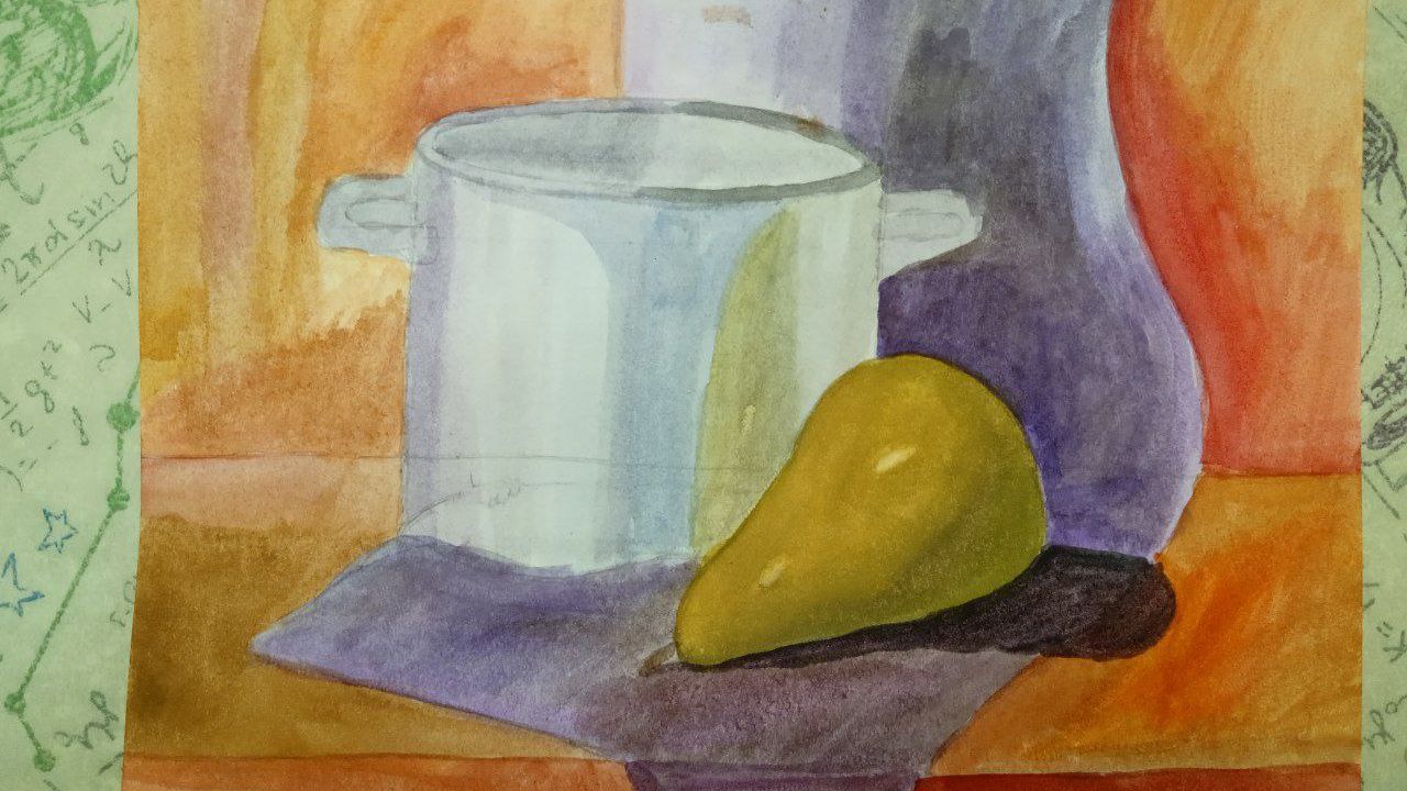 Урок 40. Натюрморт акварелью: Кастрюля и груша для начинающих.