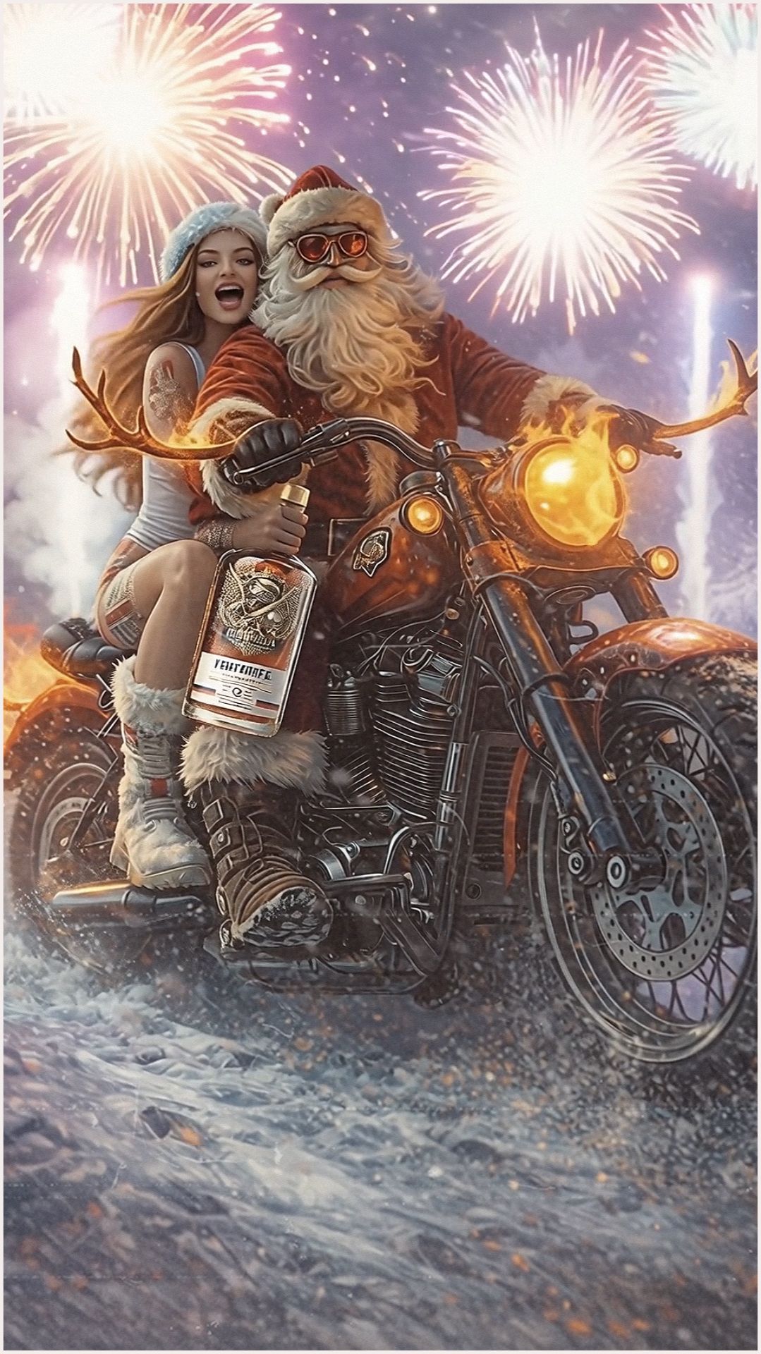 С НОВЫМ ГОДОМ ВСЕХ — 2026  Дед Мороз на байке, Снегурочка, фейерверк