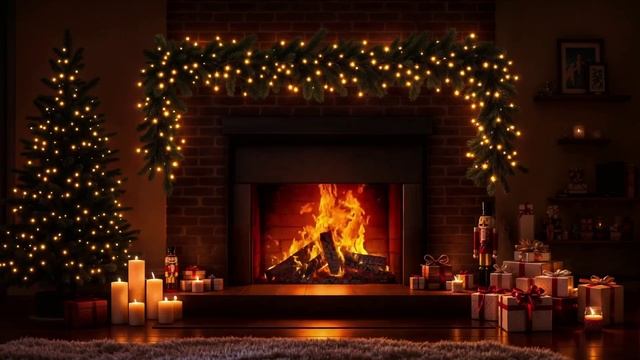 Новогодний камин С украшенной ёлкой Full HD