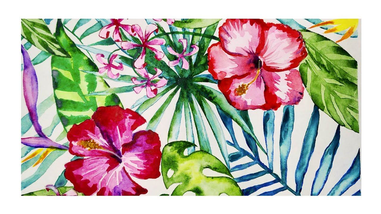 Как нарисовать гибискус.  Монстера, гибискус акварелью 🌺🌿 #Триптих №3