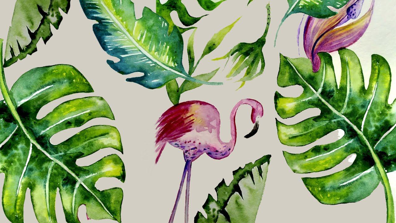 Рисую лист монстеры и фламинго акварелью 🌿🦩  #триптих №2