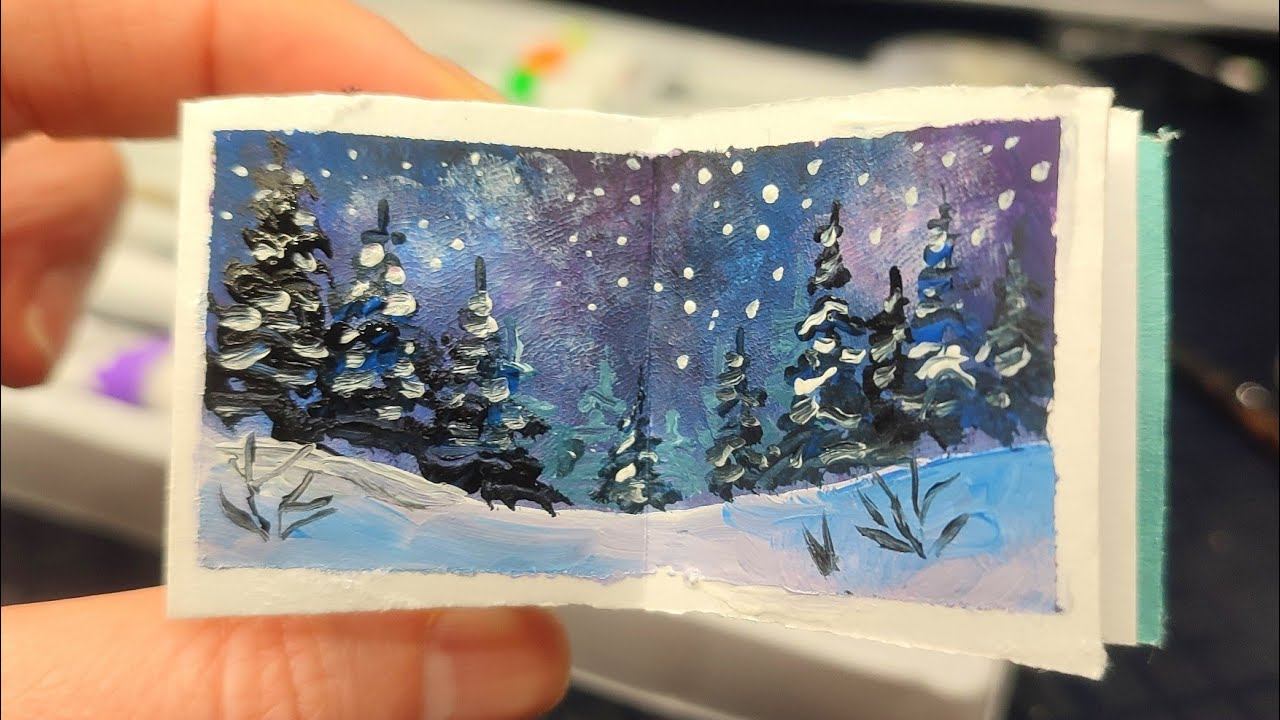 Лёгкий зимний пейзаж акриловыми красками. Зимний рисунок.