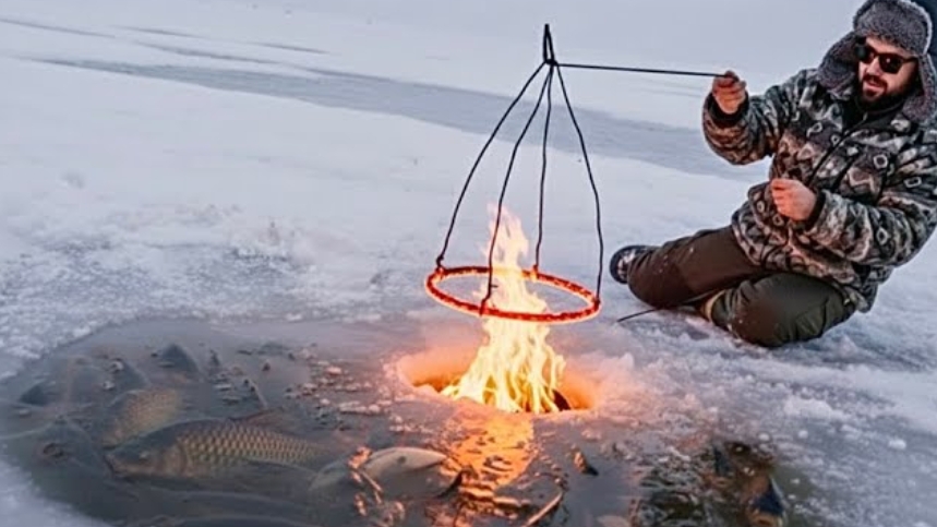Я поймал много рыбы на замёрзшем озере.