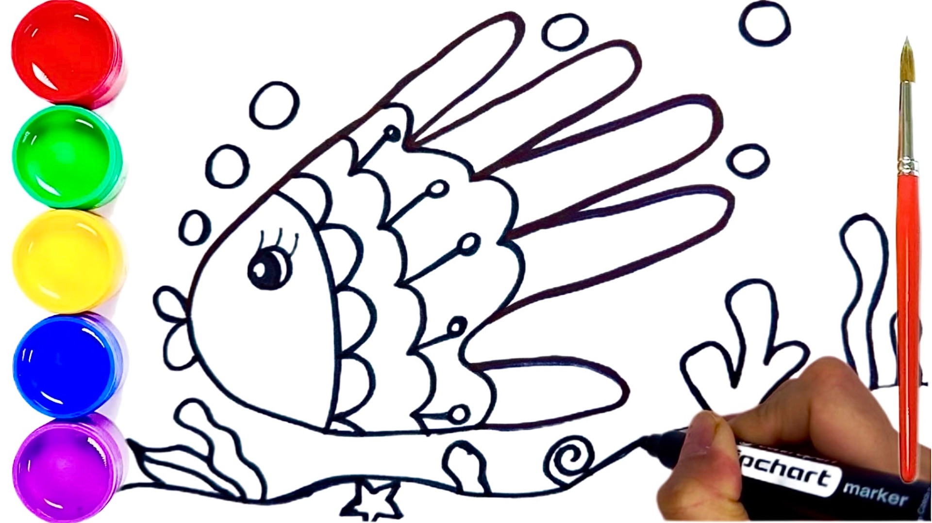 Мультик раскраска для детей. Легкий рисунок для детей рыбка