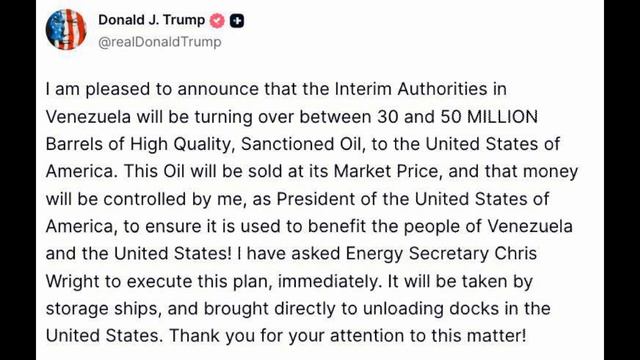 Дональд Трамп: "Временные власти Венесуэлы передадут США от 30 млн до 50 млн баррелей нефти", 07.01