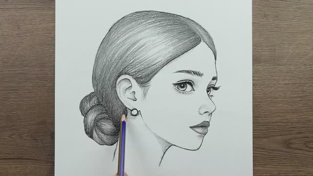 Простой портрет карандашом, как шаг за шагом нарисовать красивую девушку с шишкой в волосах