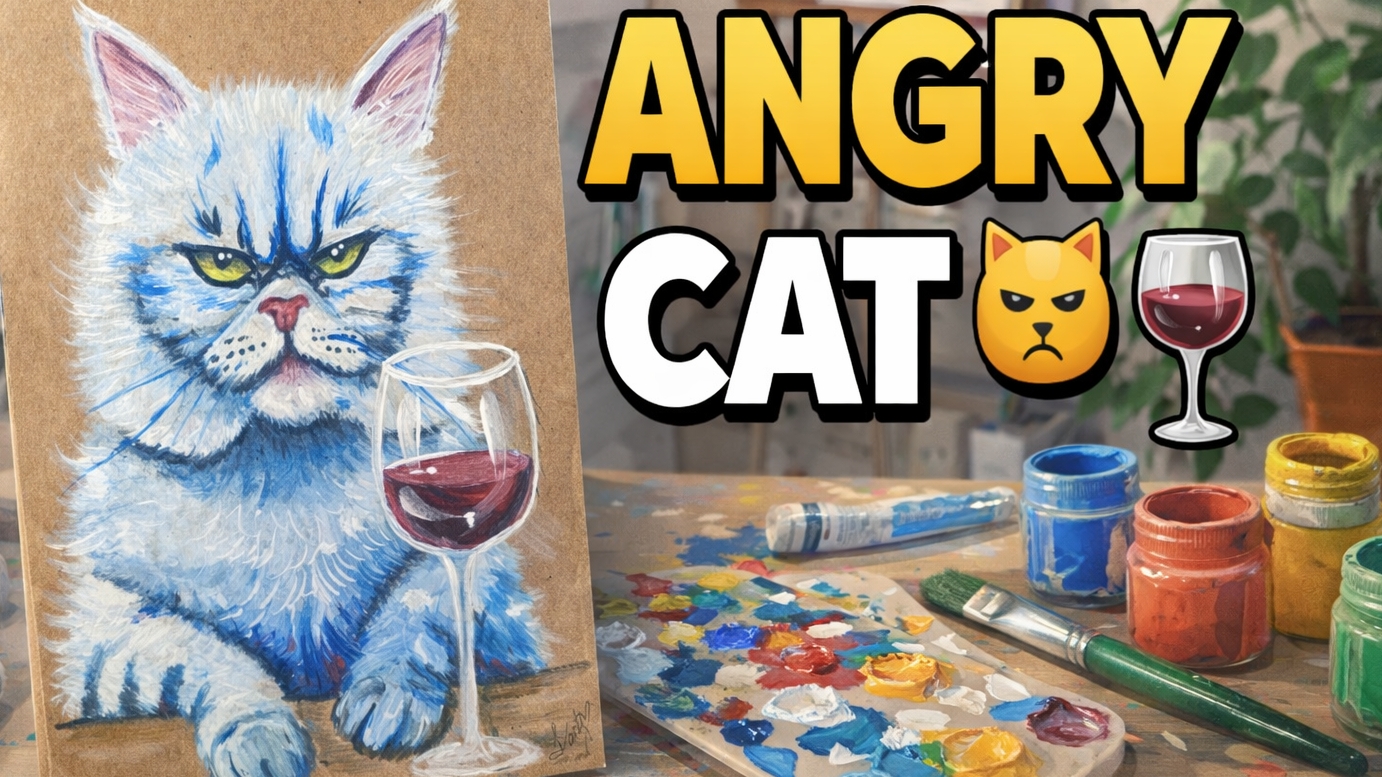 Злой кот с бокалом 😾🍷 | Смешной рисунок кота акрилом