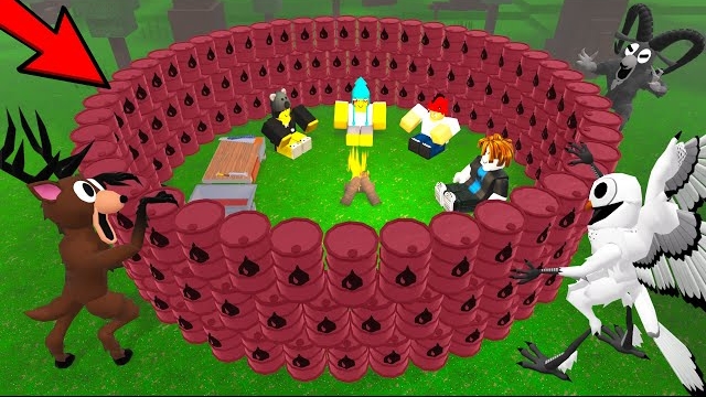 База из нефтяных бочек в игре «99 ночей в лесу» Анимация Роблокс