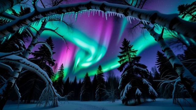🌌 Завораживающее сияние Северного сияния в зимнем лесу! ✨