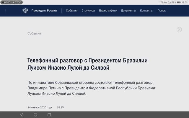 Владимир Путин телефонный разговор с Президентом Бразилии Луисом Инасио Лулой да Силвой, 14.01.2026