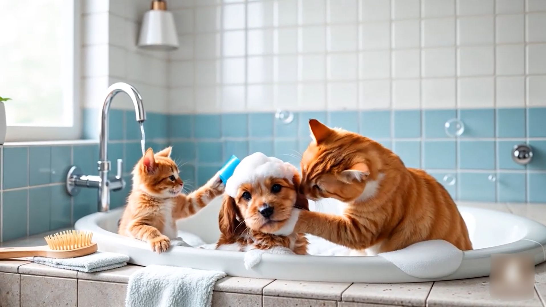 😹Мама кошечка со своим маленьким сыночком спасают и моют бедную собачку🔥