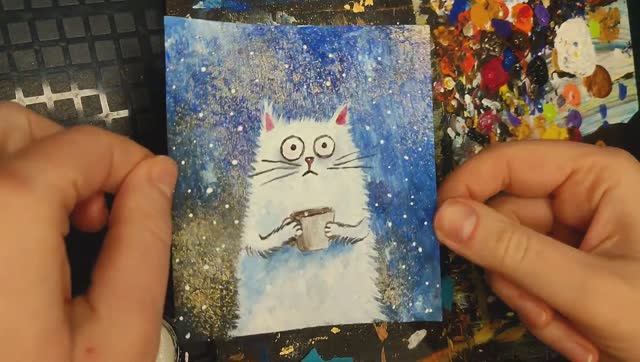 Милый кот с кофе. Рисунок акрилом.