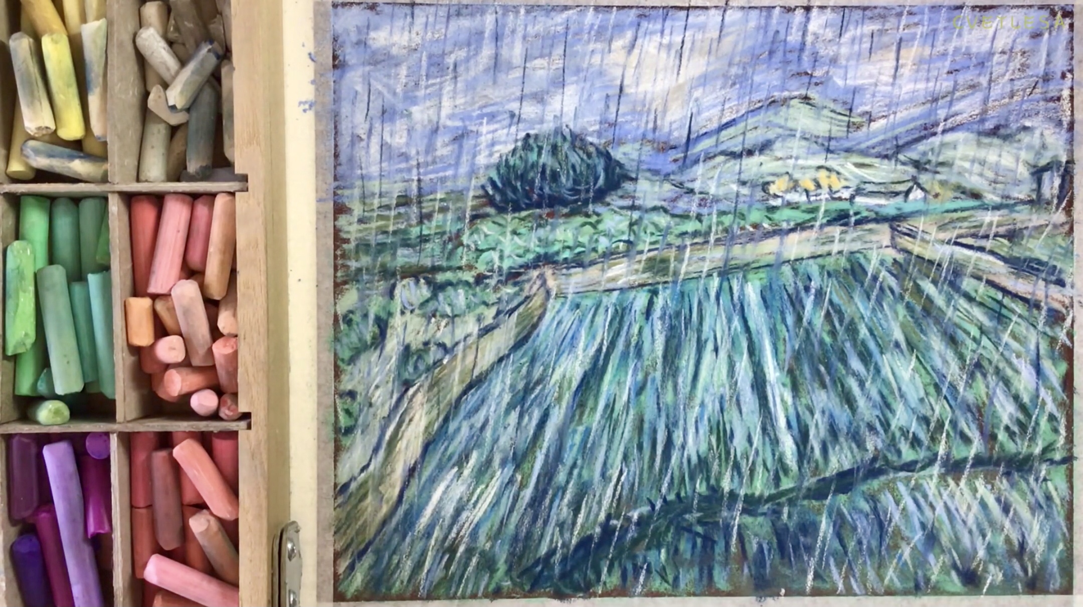 🌧️Не спеша рисую дождь по мотивам Ван Гога🍃Сухая пастель на наждачной бумаге🍀Pastel