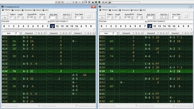 Free lane  by KUVO / Double YM, 6 channel song. Tracker window capture.