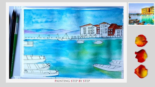 HOW TO DRAW EASY VILLAGE SCENERY DRAWING | PAINTING LAKESIDE HARBOR ...