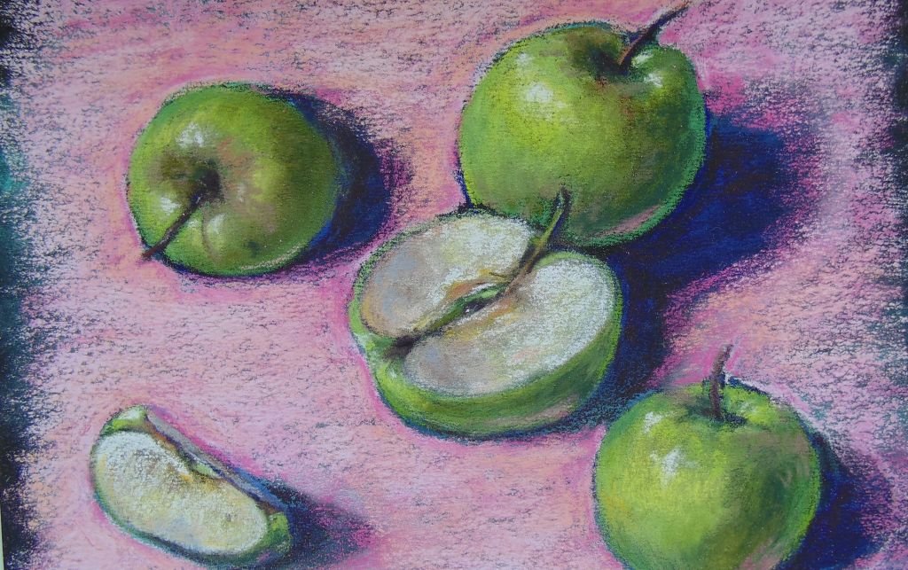 Обзор картины "Яблоки на розовой салфетке" - 22х28см, наждачная бумага, пастель. Виктория Цуканова