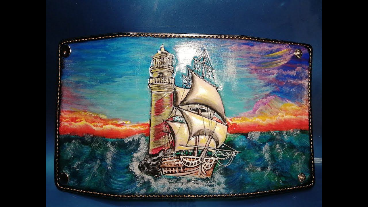 Ключница-портмоне. Изделия из кожи. СКСтиль. Парусник и закат.