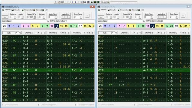 Walked past  by KUVO / Double YM, 6 channel song. Tracker window capture.