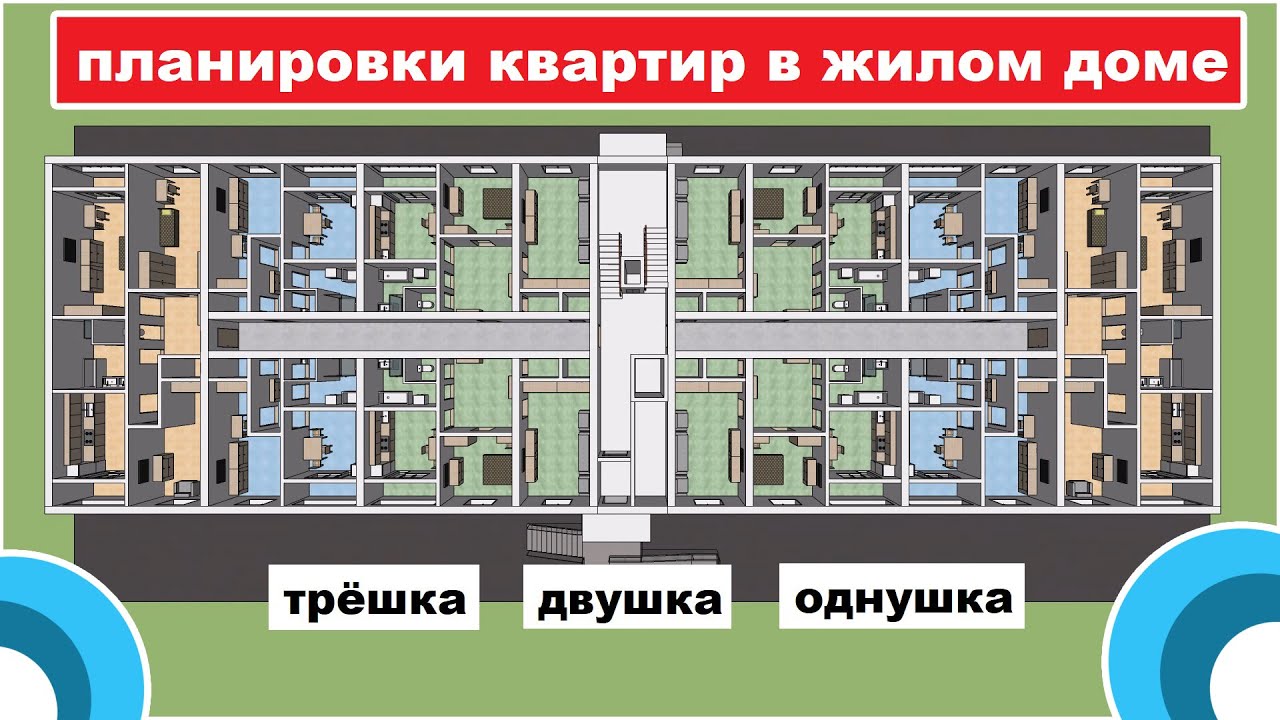 Однокомнатная, двухкомнатная, трехкомнатная квартира. Планировка. Проект многоквартирного дома.