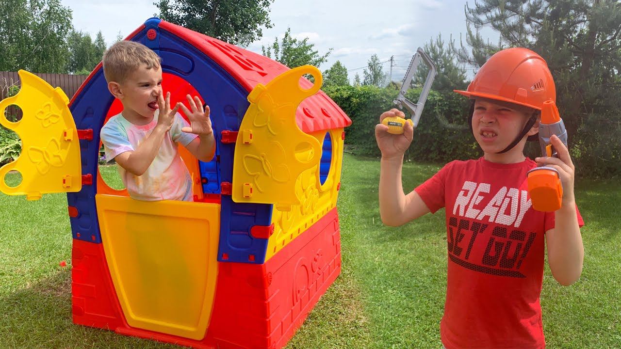 Funny baby Super Lev builds and play with Colored House and his Brother Gleb prevents him