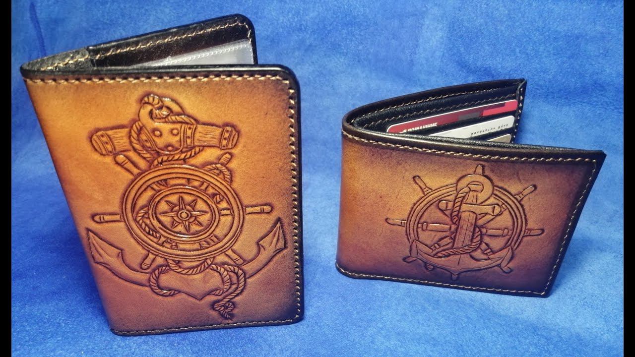 Кошелёк мужской. Изделия из кожи. СКСтиль. В комплекте с документницей - Штурвал и якорь.