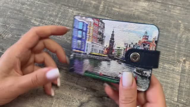 Синий компактный портмоне из кожи, ручной работы с принтом Разноцветный Амстердам. Eshemoda Gifts