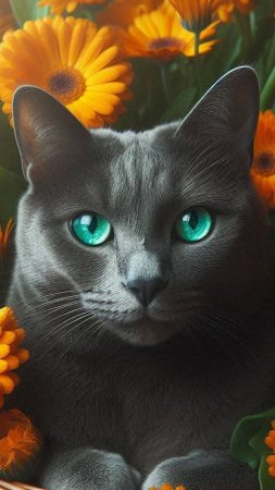 Коты и кошки. Котенок русской голубой играет.