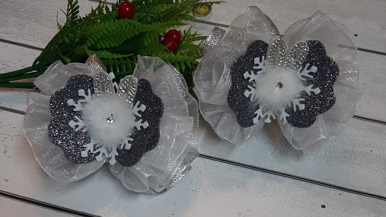 МК. Нарядные Новогодние бантики с мордочкой Зайки из широкой ленты.