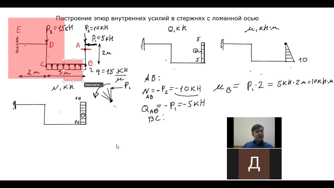 Эпюры N, Q, M. Стержень с ломанной осью.