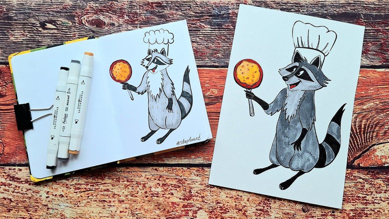 Рисуем Енота с блинчиком  Скетчинг маркерами для детей и начинающих  #sketching #racoon #скетчинг