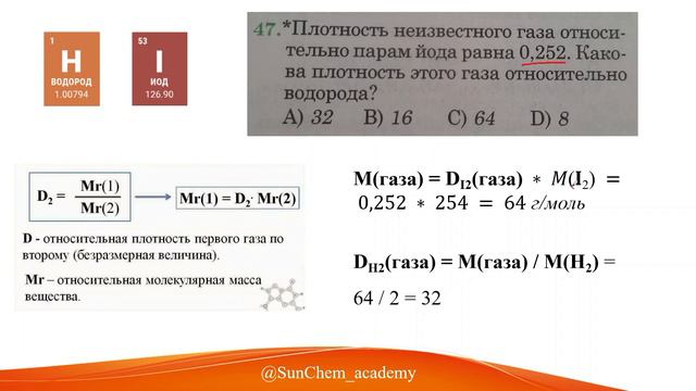 Плотность неизвестного газа относительно парам йода равна 0,252. Какова плотность этого газа относит