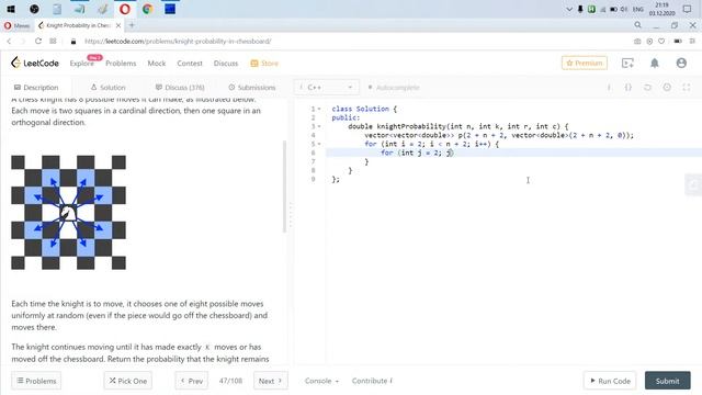 Разбор задачи 688 leetcode.com Knight Probability in Chessboard. Решение на C++ - смотреть видео ...