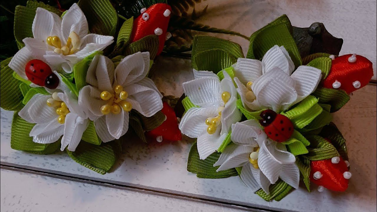 МК. Бантики с клубничкой из репсовой ленты.